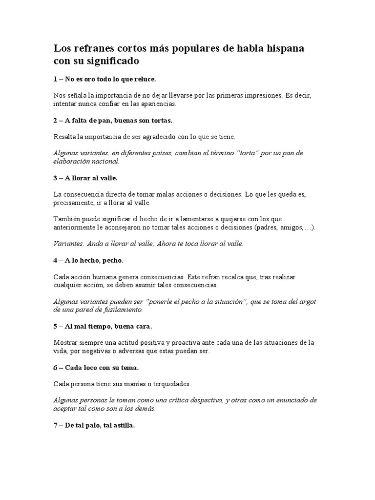 Refranes Cortos y Su Significado | PDF | Esencia | Certeza