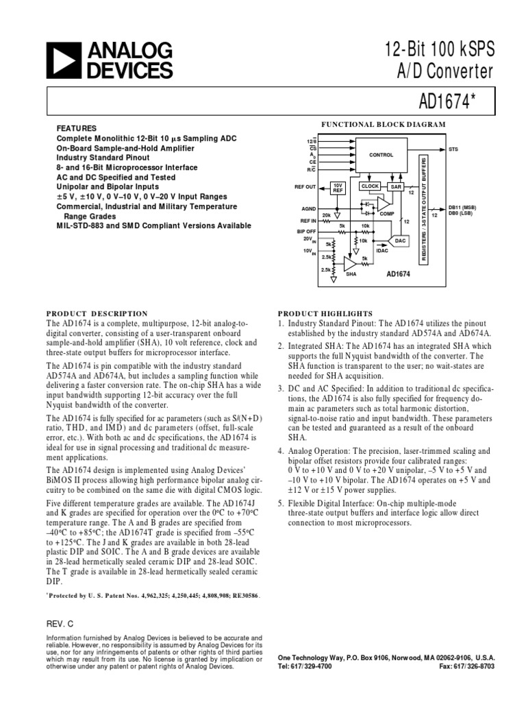 Ad1674 - 12-Bit 100 Kspsadc | PDF | Electrostatic Discharge | Analog To Digital Converter