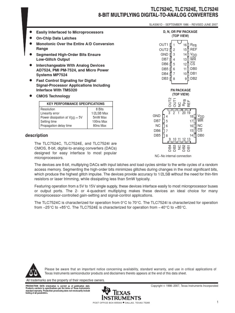 tlc7524 - 8bit DAC | PDF | Digital To Analog Converter | Electromagnetism