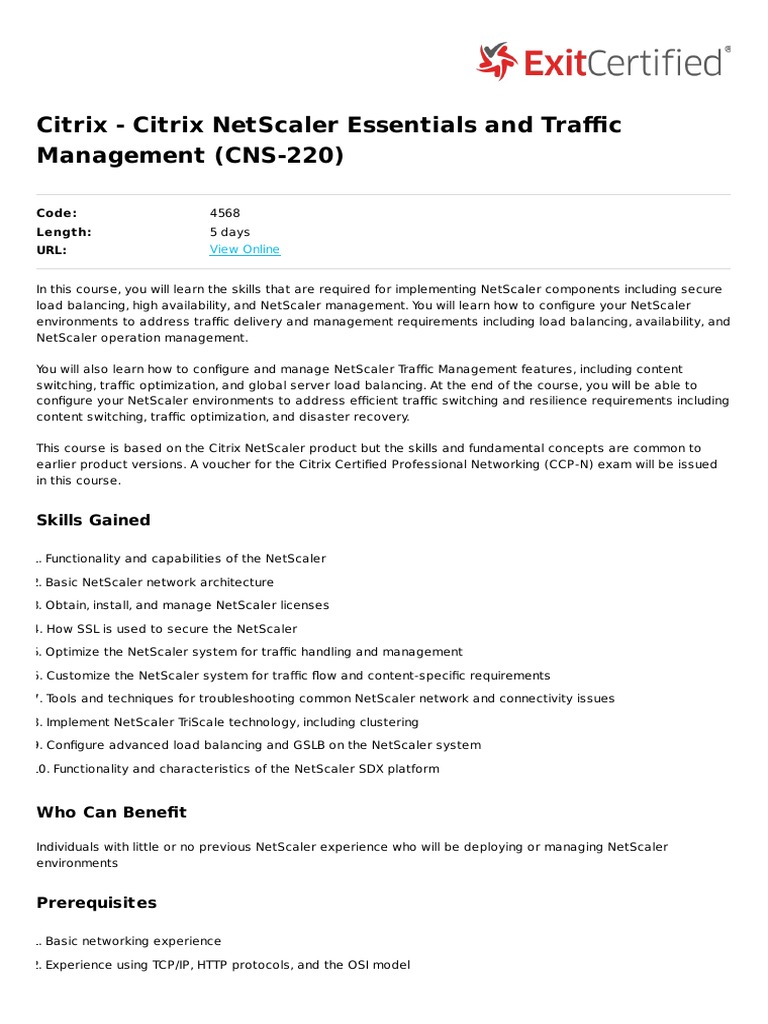 Citrix Netscaler Essentials and Traffic Management Cns 220 | PDF | Load Balancing (Computing ...