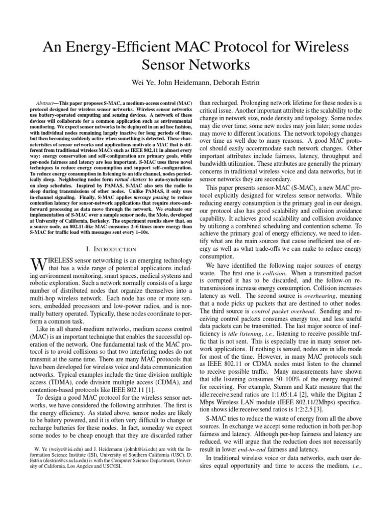 An Energy-Efficient MAC Protocol For Wireless Sensor Networks | PDF | Wireless Sensor Network ...