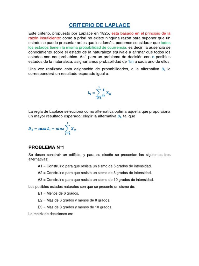Criterio de Laplace en Decisiones | PDF | Probabilidad | Enseñanza de ...