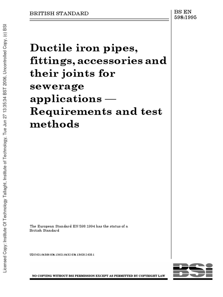 BS en 598-1995 Ductile Iron Pipes, Fittings, Accessories and Their ...