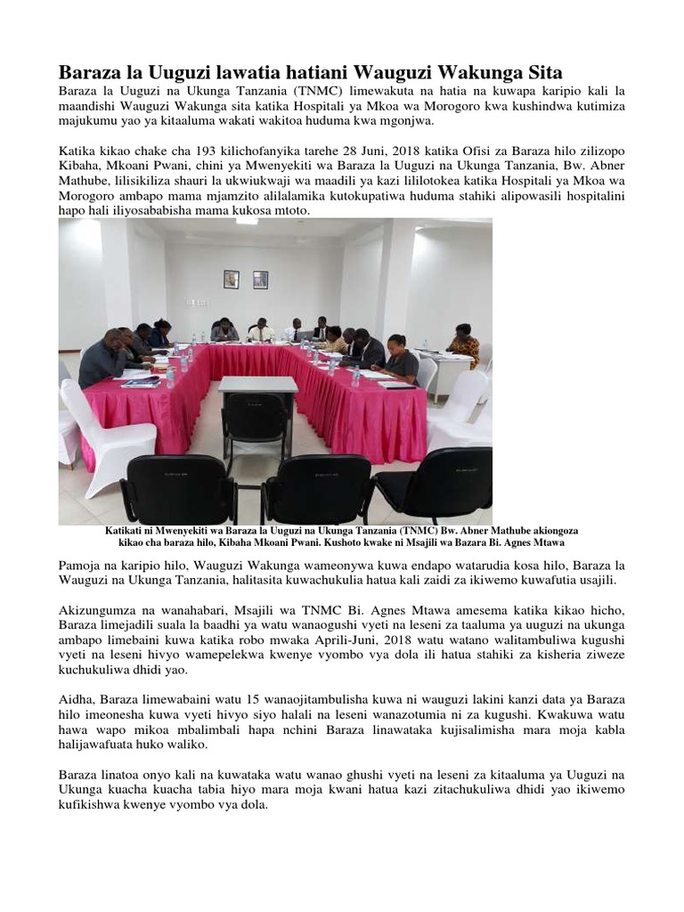 Baraza La Uuguzi Lawatia Hatiani Wauguzi Wakunga Sita | PDF
