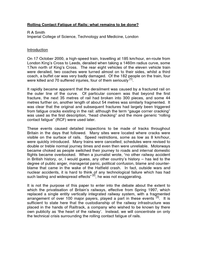 Rolling Contact Fatigue of Rails What Remains To Be Done | PDF ...