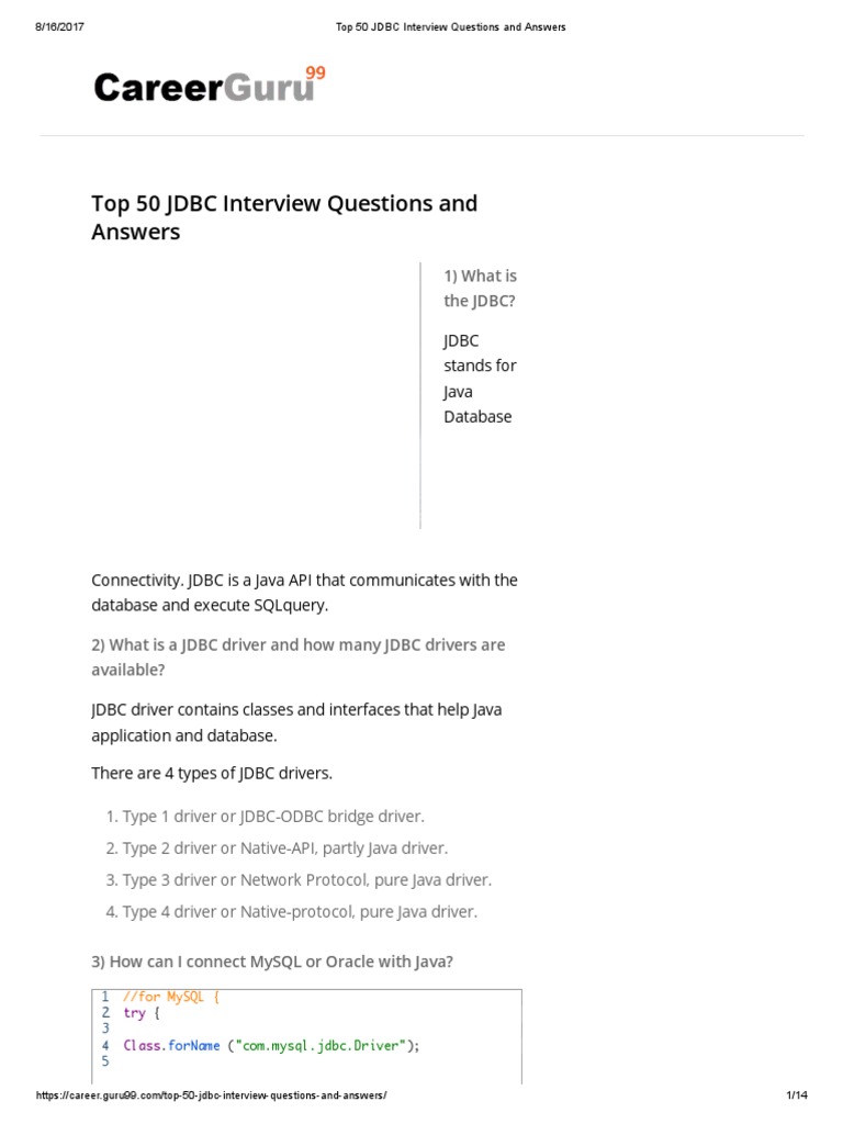 Top 50 JDBC Interview Questions and Answers | PDF | Information Retrieval | Databases