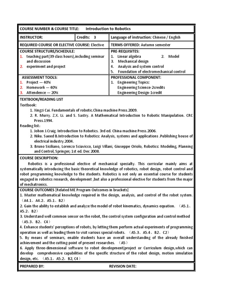COURSE TITLE: Introduction To Robotics | PDF | Robotics | Robot