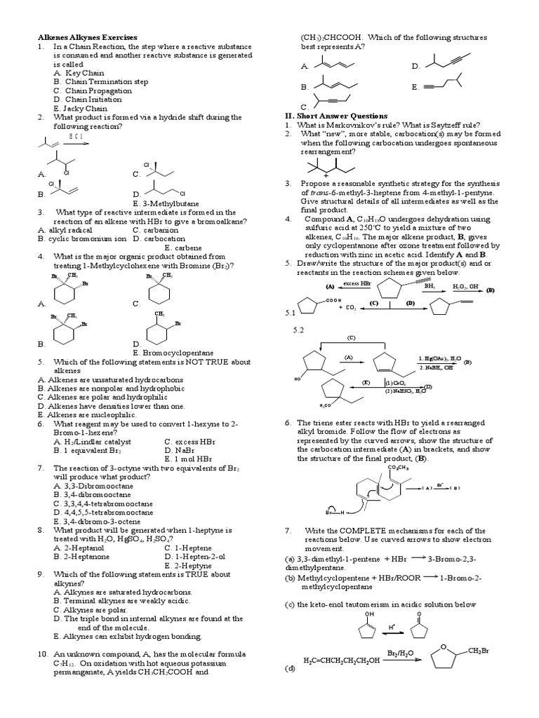 Alk Enes Al Kynes Exercises | PDF | Alkene | Chemical Reactions