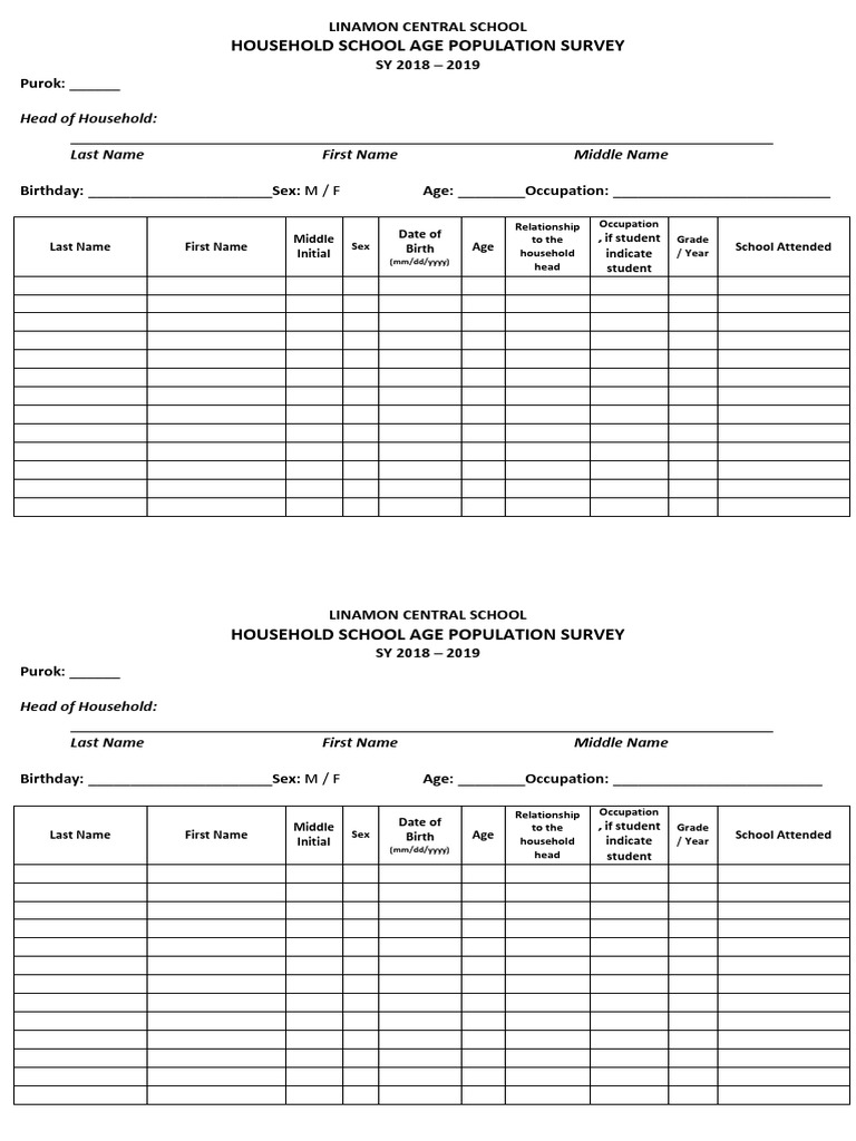 Household School Age Population Survey: Head of Household: Last Name ...