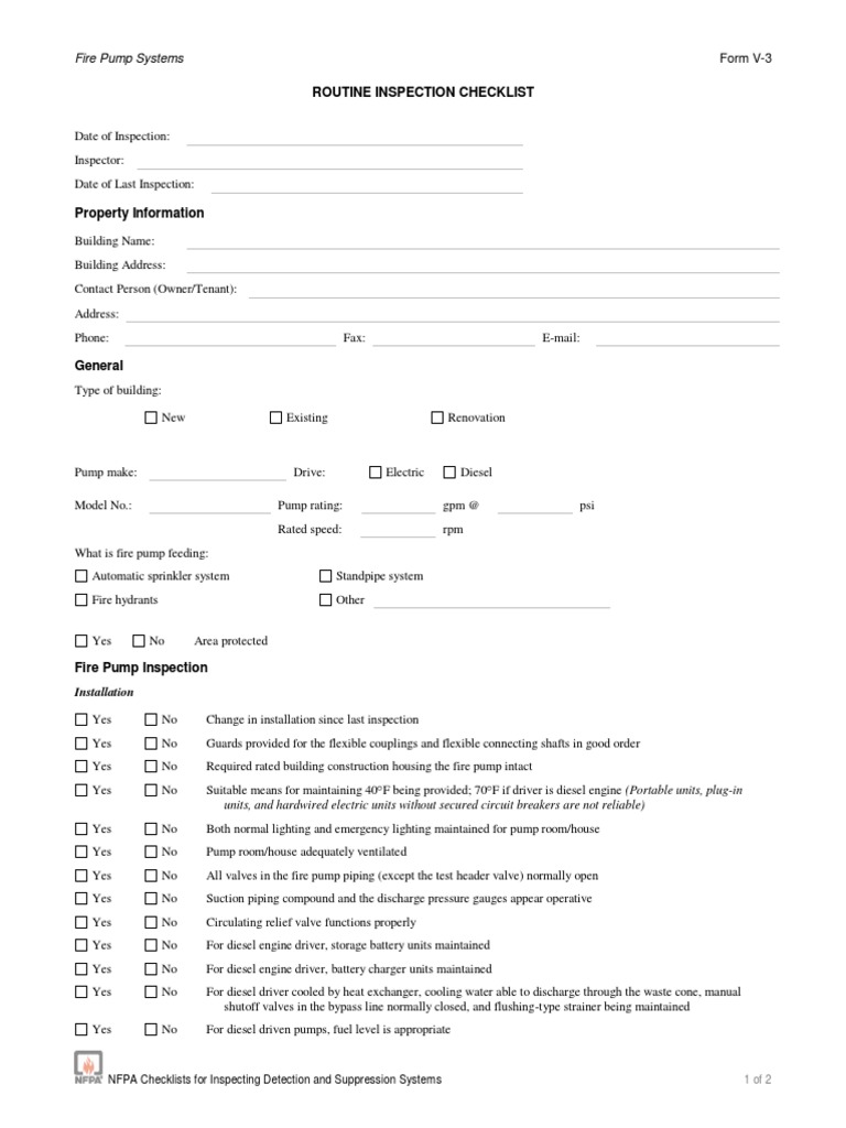 Fire Pump Routine Checklist NFPA 20 | Diesel Engine | Pump