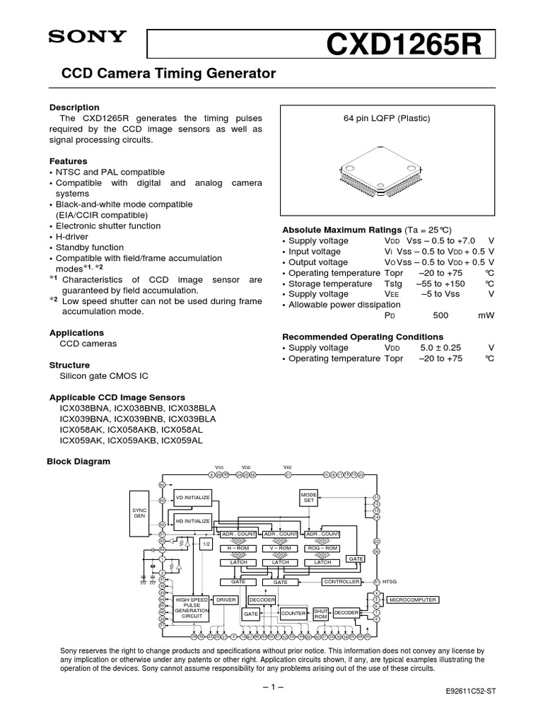 CXD1265 - CCD Camera Timing Generator | PDF | Charge Coupled Device ...