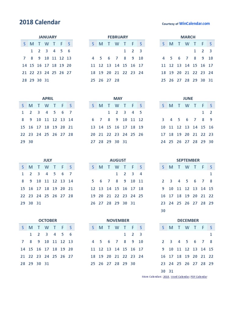 2018 One-Page Printable Calendar | PDF