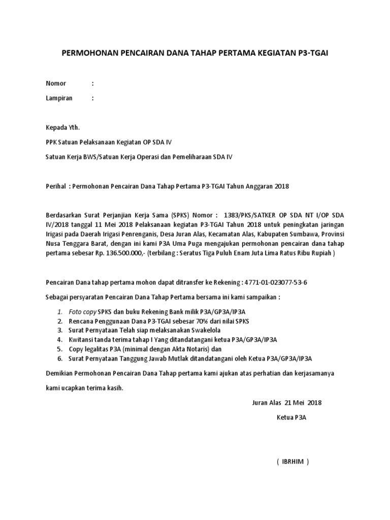 Permohonan Pencairan Dana Tahap Pertama Kegiatan p3 | PDF