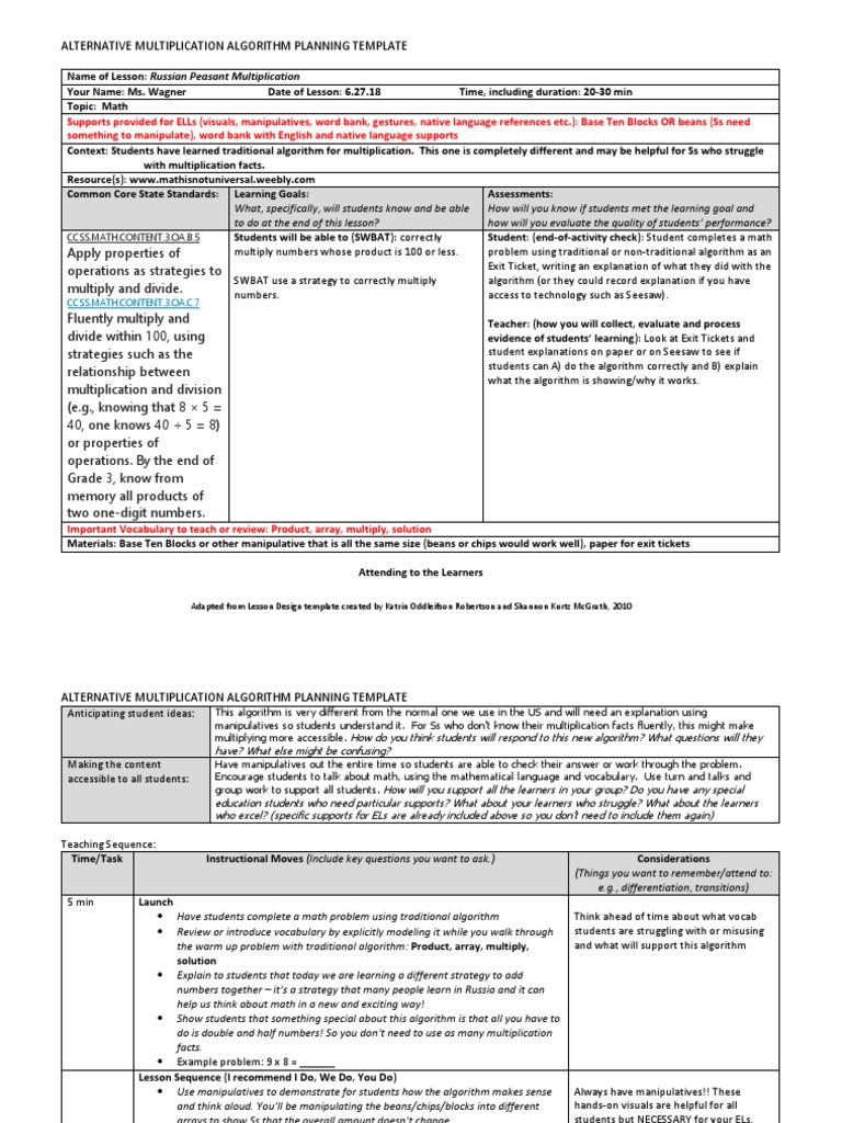Russian Peasant Multiplication Alternative Algorithm Sample Lesson Pdf Multiplication 