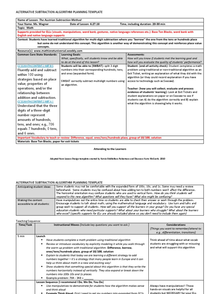 Austrian Method Alternative Algorithm Sample Lesson | PDF | Subtraction | Algorithms