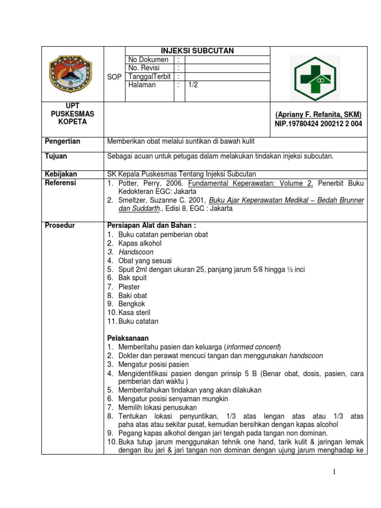 SOP Injeksi Subcutan Puskesmas | PDF
