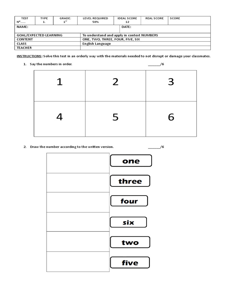 Test N° Type 1. Grade: 1 Level Required 50% Ideal Score 12 Real Score ...