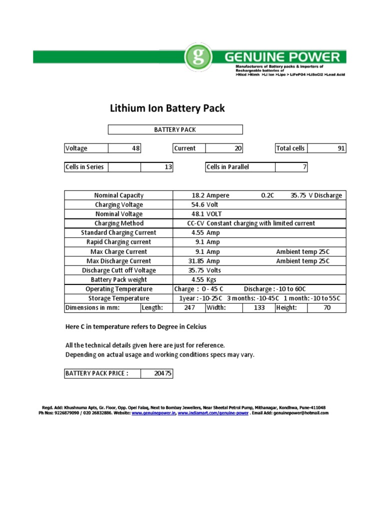 Lithium Ion Battery Pack Specs and Price | PDF