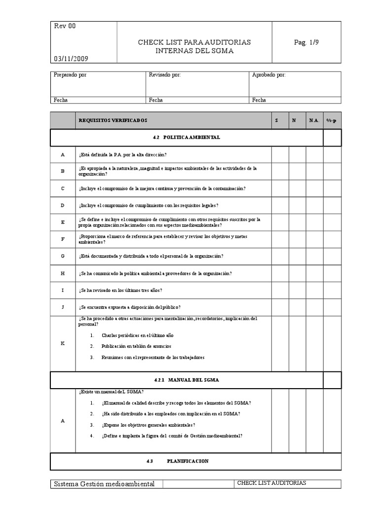 11 - Check List Auditoria Iso14001 | PDF | Planificación | Auditoría