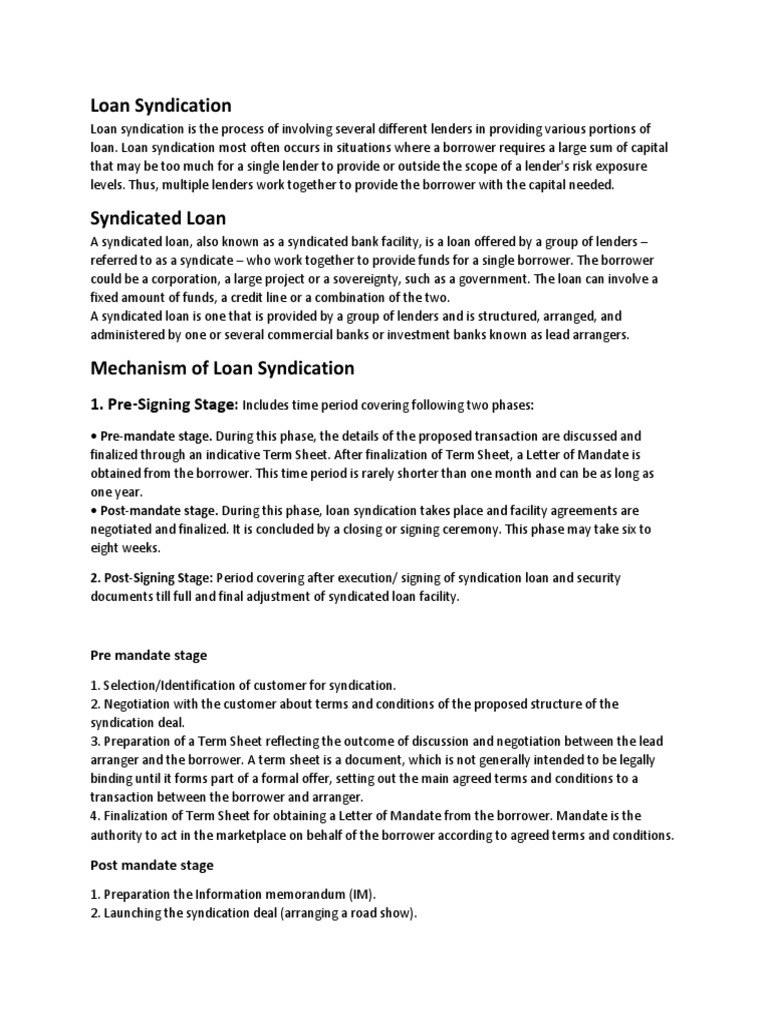 Loan Syndication: 1. Pre-Signing Stage | PDF | Syndicated Loan | Loans