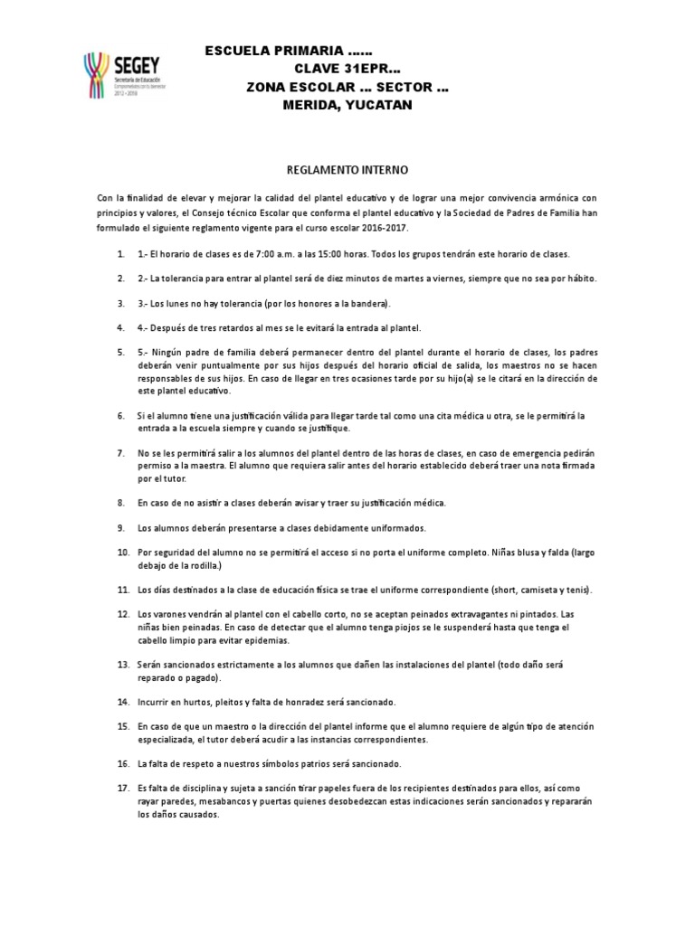 EJEMPLO de Reglamento Interno de La Escuela | PDF | Educación primaria | Maestros