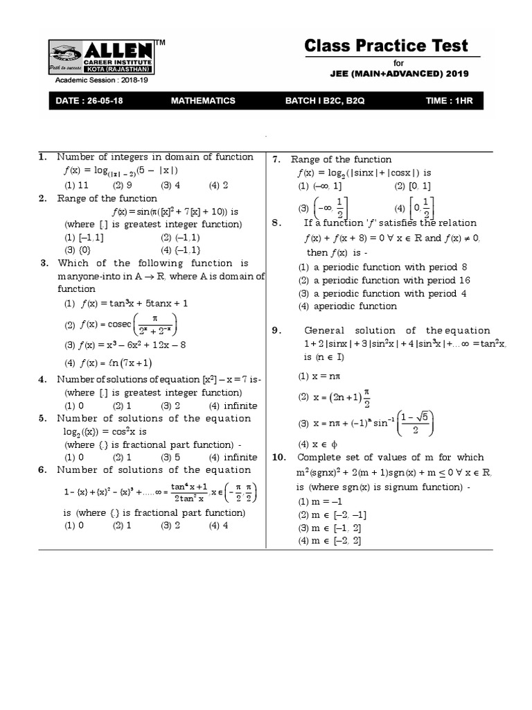 Practice Test for JEE (MAIN+ADVANCED) 2019 - Mathematics | PDF ...