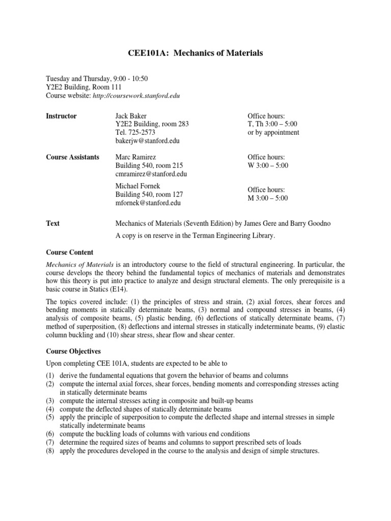 CEE 101a Syllabus | PDF | Beam (Structure) | Bending