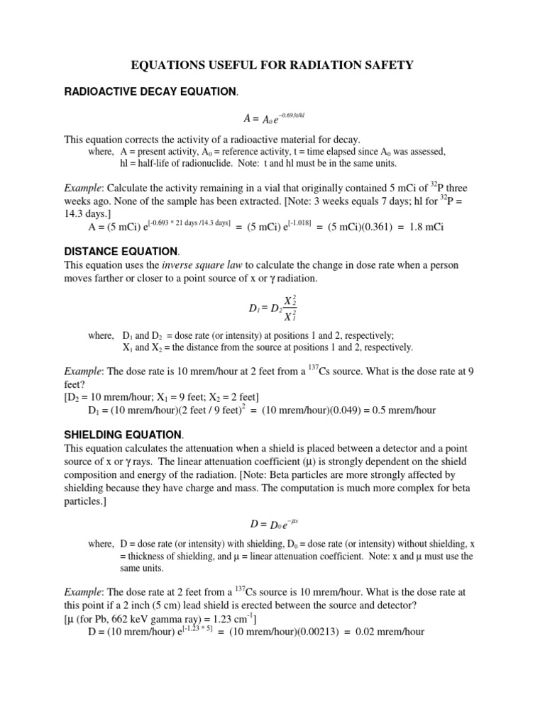 Radiation Safety Equations Guide | PDF | Radiation Protection ...