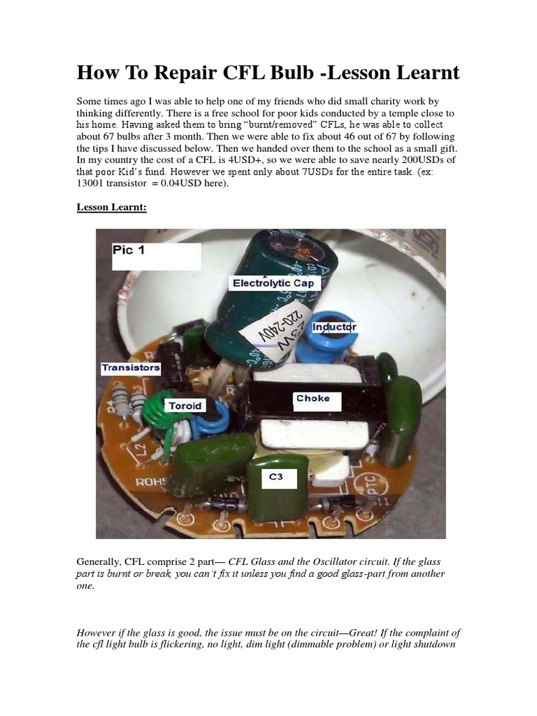 How To Repair CFL Bulb | PDF | Compact Fluorescent Lamp | Rectifier
