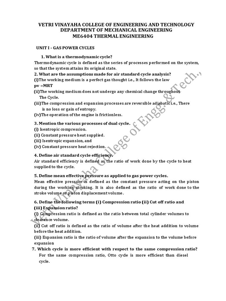 VETRI VINAYAHA COLLEGE OF ENGINEERING AND TECHNOLOGY ME6404 THERMAL ENGINEERING UNIT I - GAS ...