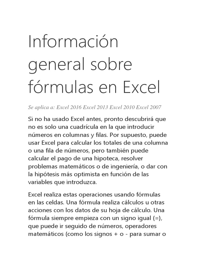 TIC FORMULAS EXCELL Información General Sobre Fórmulas en Excel | PDF ...