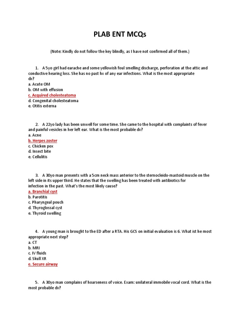 PLAB ENT MCQs | PDF | Ear | Vertigo