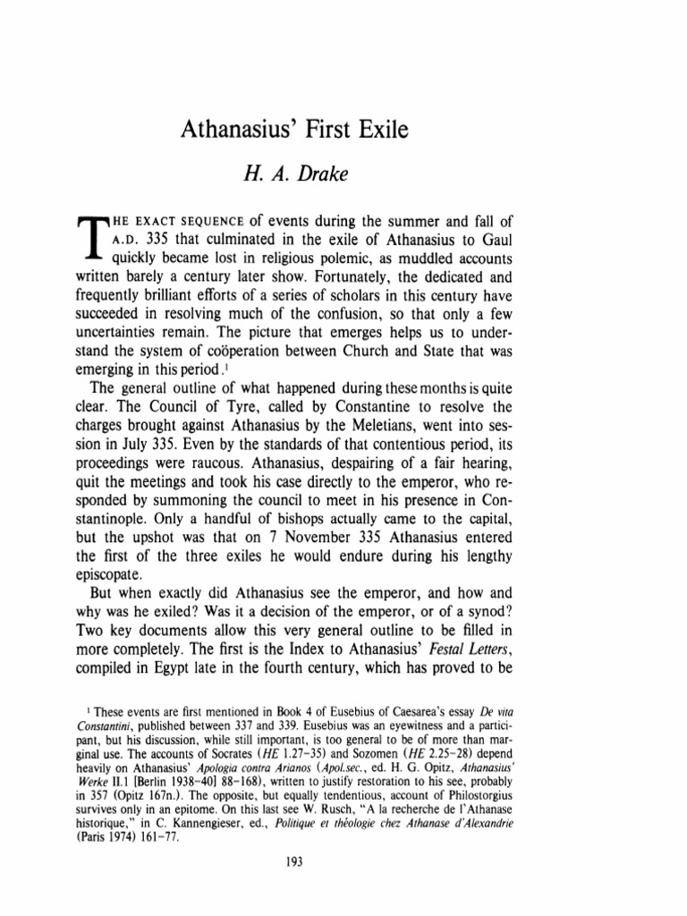 Athanasius' First Exile: H A. Drake | PDF | Athanasius Of Alexandria ...