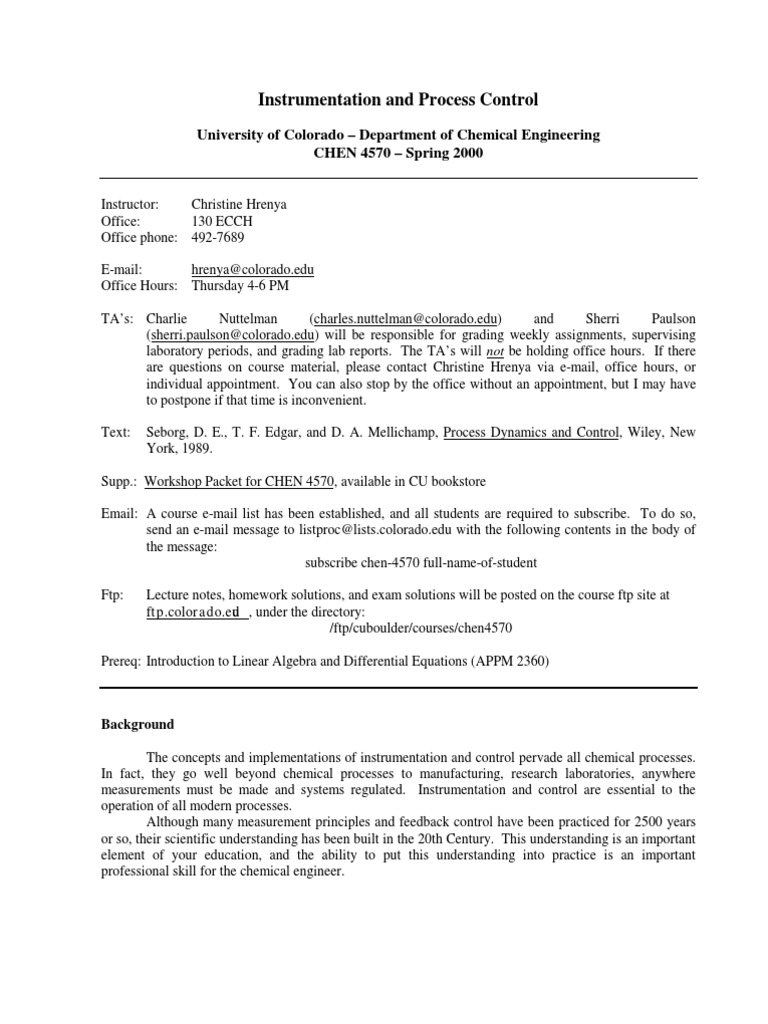 Process Control Syllabus | PDF | Control Theory | Homework