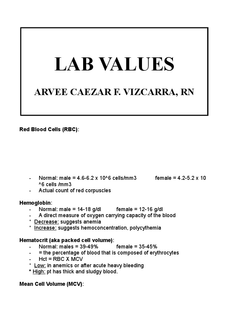Lab Values Flash Card | Download Free PDF | Anemia | White Blood Cell
