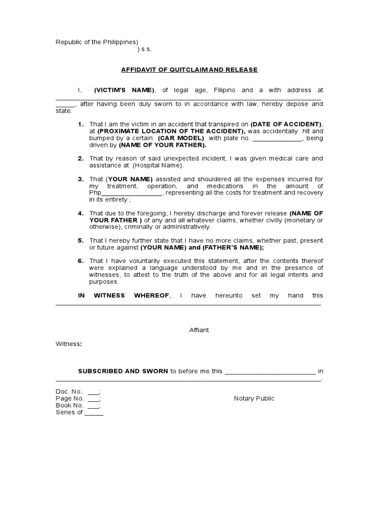 Quitclaim and Release (Car Accident) | Affidavit | Public Law