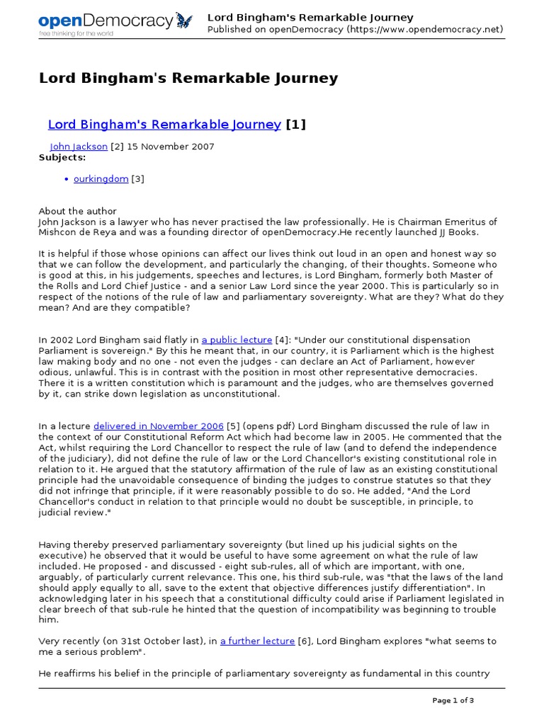Lord Bingham's Remarkable Journey | PDF | Rule Of Law | Sovereignty