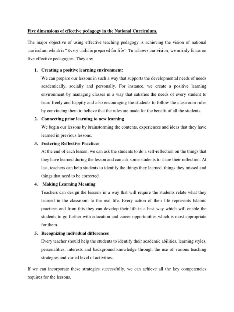 Five Dimensions of Effective Pedagogy in The National Curriculum | PDF
