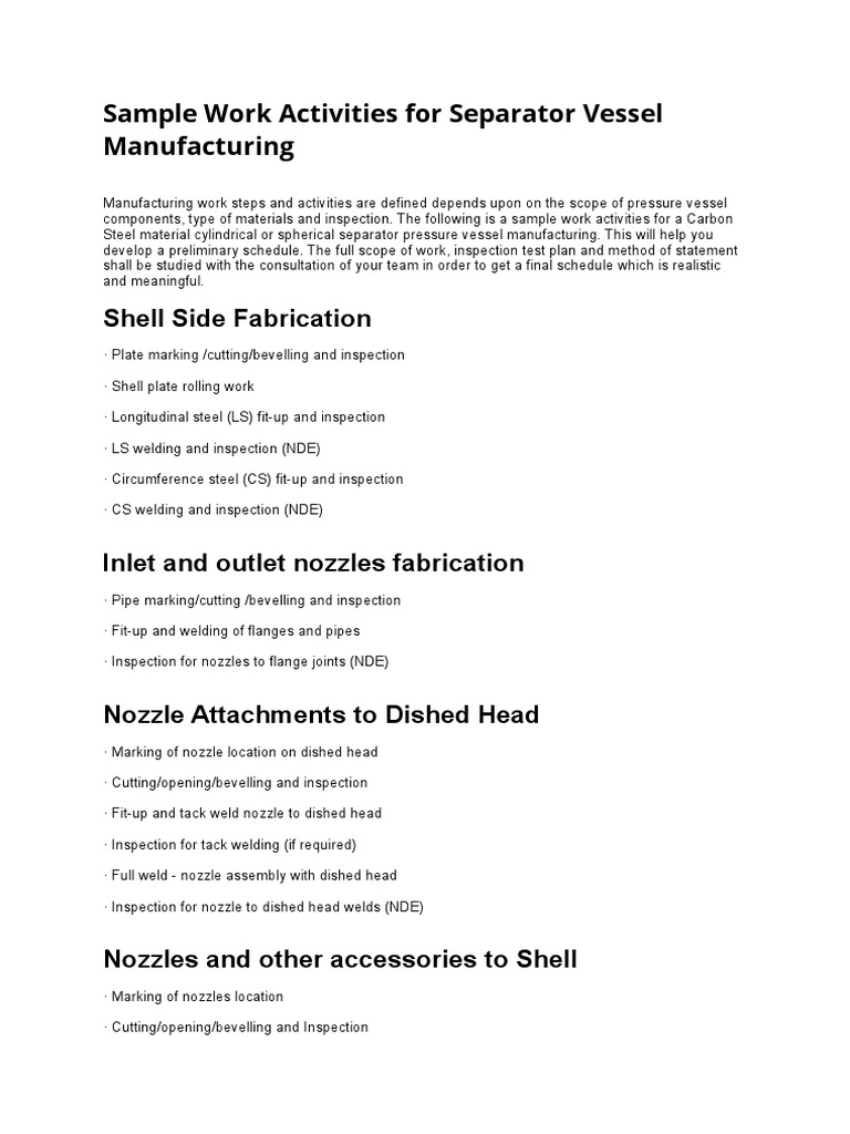 Sample Work Activities and Schedule for a Carbon Steel Cylindrical or ...