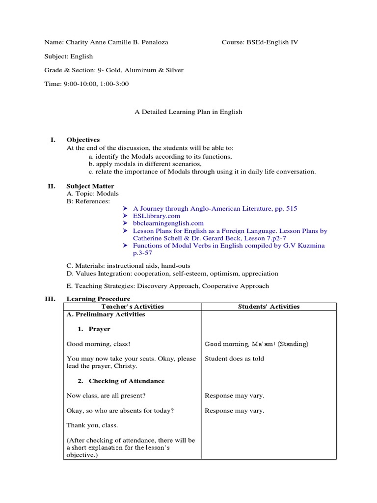 LP For Modals | PDF | Lesson Plan | Cognitive Science