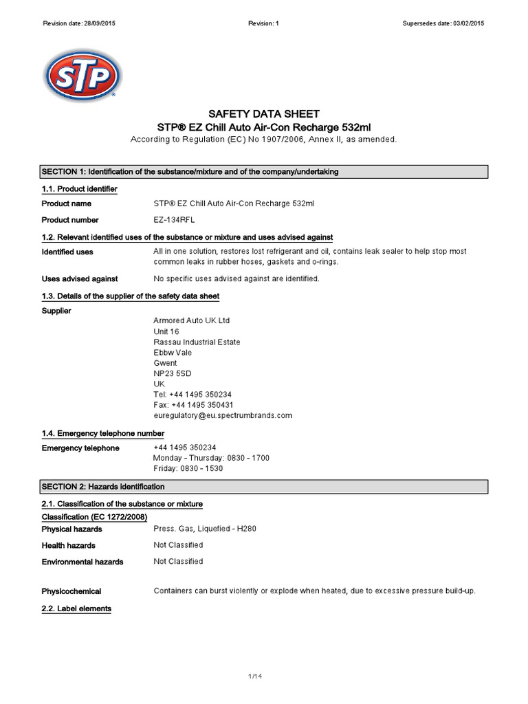 Safety Data Sheet STP® EZ Chill Auto Air-Con Recharge 532ml