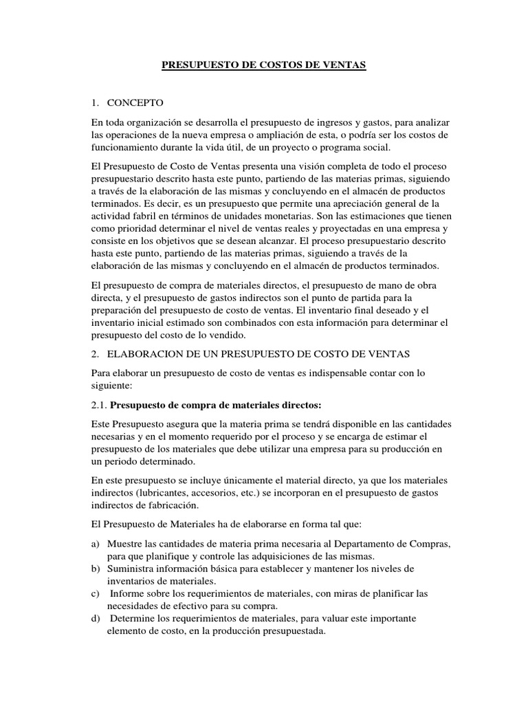 Presupuesto de Costos de Ventas | PDF | Costo | Presupuesto