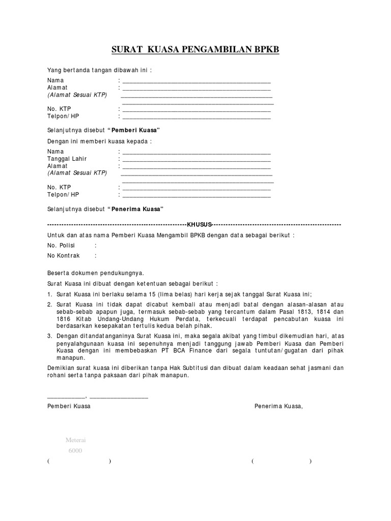 Surat Kuasa Pengambilan BPKB | PDF