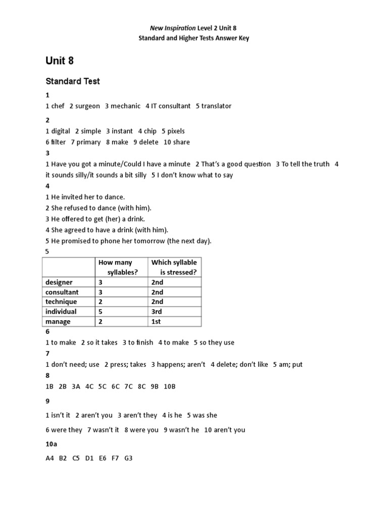 NI2 U8 Standard Higher Answer Key | PDF | Leisure