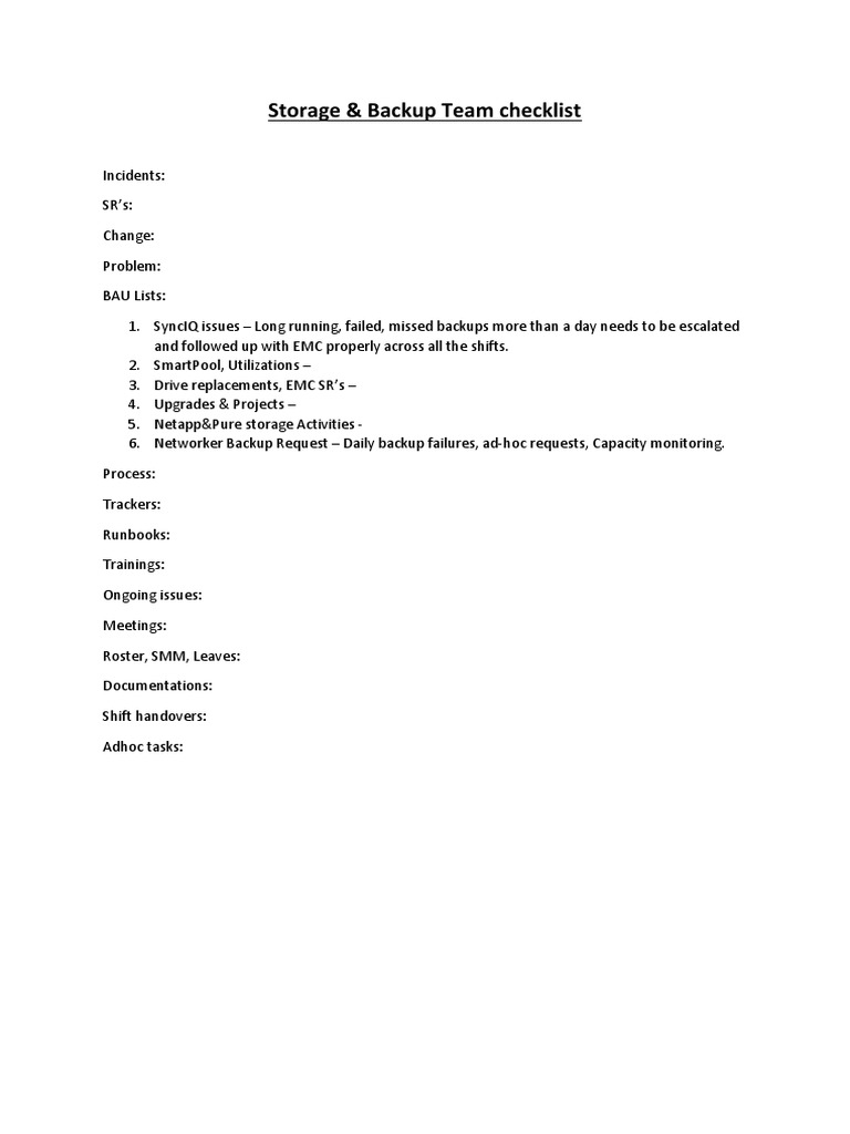 Storage & Backup Team Checklist | PDF