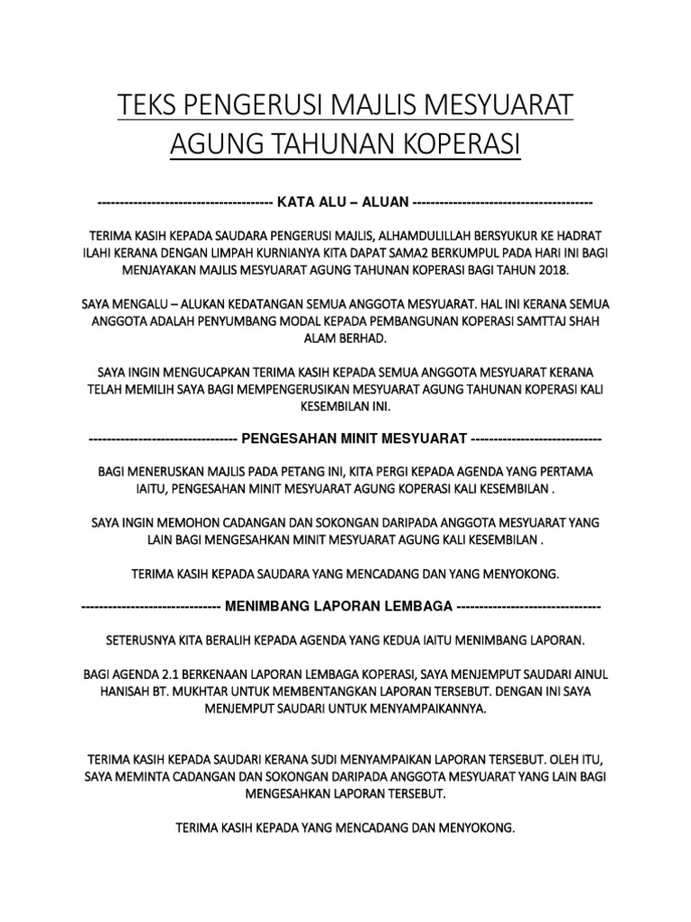 Teks Pengerusi Majlis Mesyuarat Agung Tahunan Koperasi | PDF