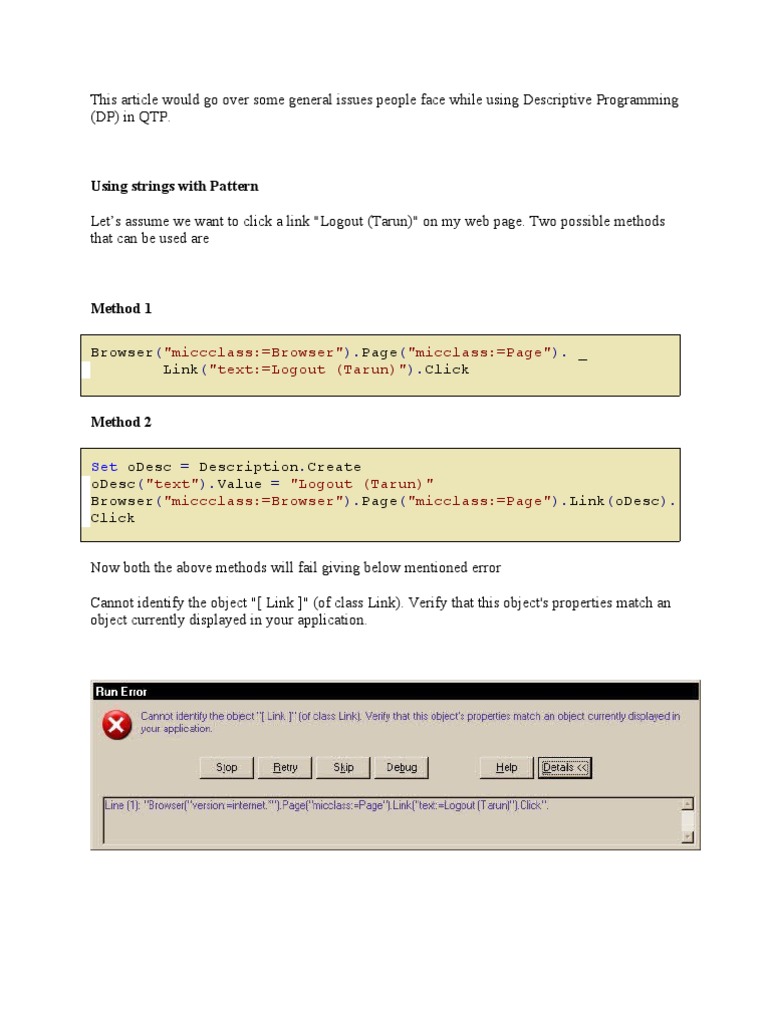 Descriptive Programming Issues in QTP | PDF | Html Element | Html