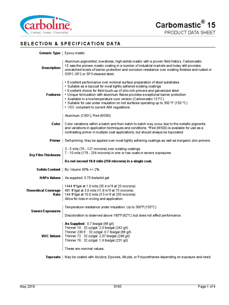 Carbomastic 15 PDS | Shelf Life | Materials