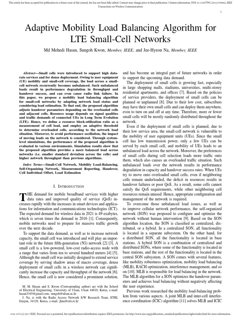 Adaptive Mobility Load Balancing Algorithm For Lte Samll Cell Network Pdf Quality Of Service