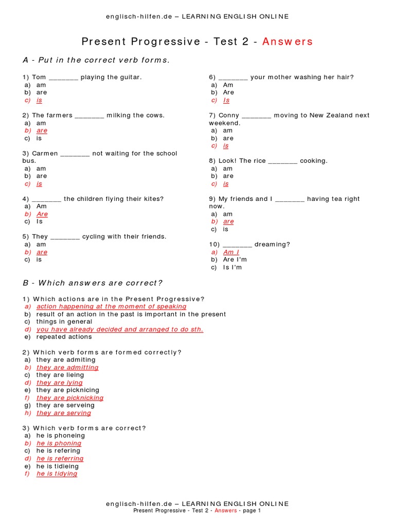 Present Progressive - Test 2 - : Answers | PDF
